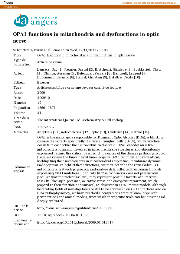 (PDF) OPA1 functions in mitochondria and dysfunctions in optic nerve