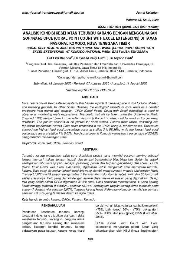(PDF) Analisis Kondisi Kesehatan Terumbu Karang Dengan Menggunakan ...