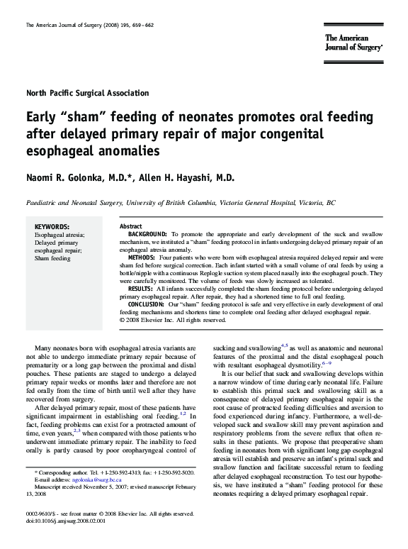 (PDF) Early “sham” feeding of neonates promotes oral feeding after ...