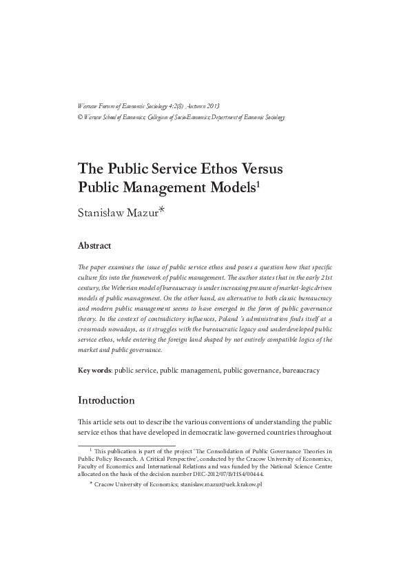 (PDF) The Public Service Ethos Versus Public Management Models