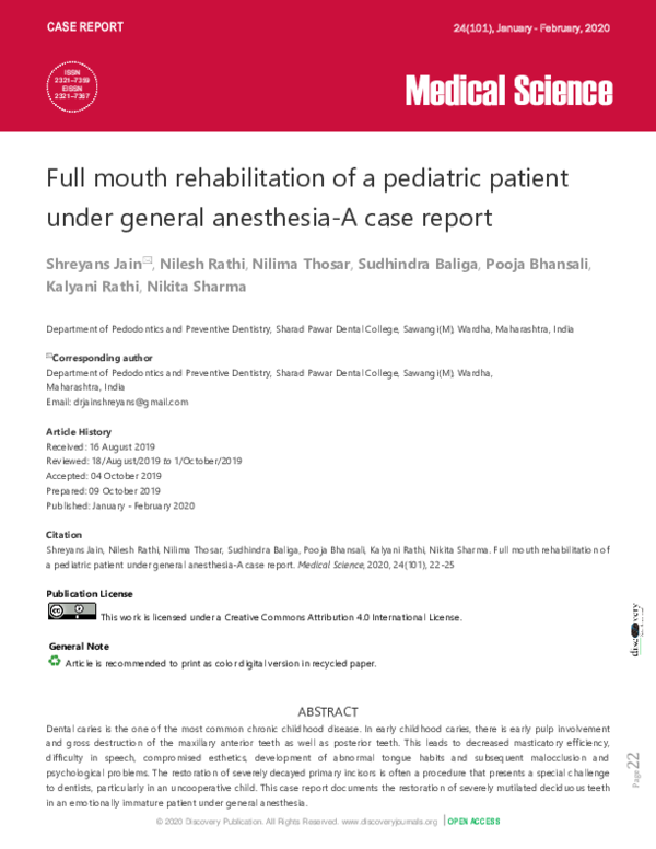 (PDF) Full mouth rehabilitation of a pediatric patient under general ...