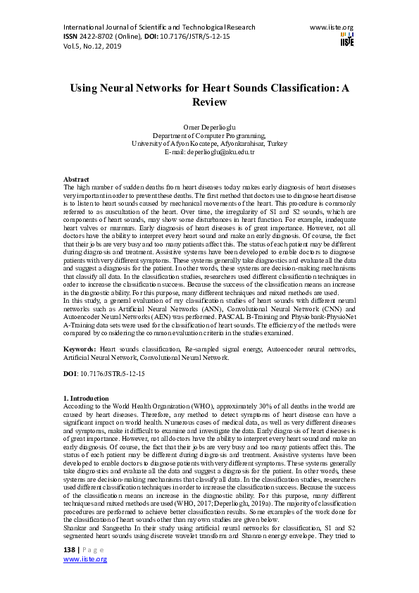 (PDF) Using Neural Networks for Heart Sounds Classification: A Review