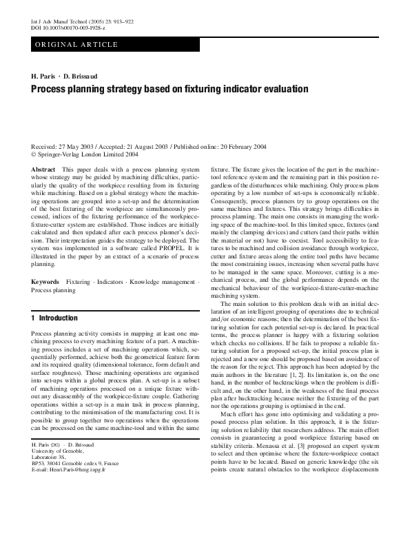 (PDF) Process planning strategy based on fixturing indicator evaluation