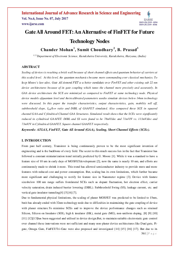(PDF) Gate All Around FET: An Alternative of FinFET for Future Technology Nodes