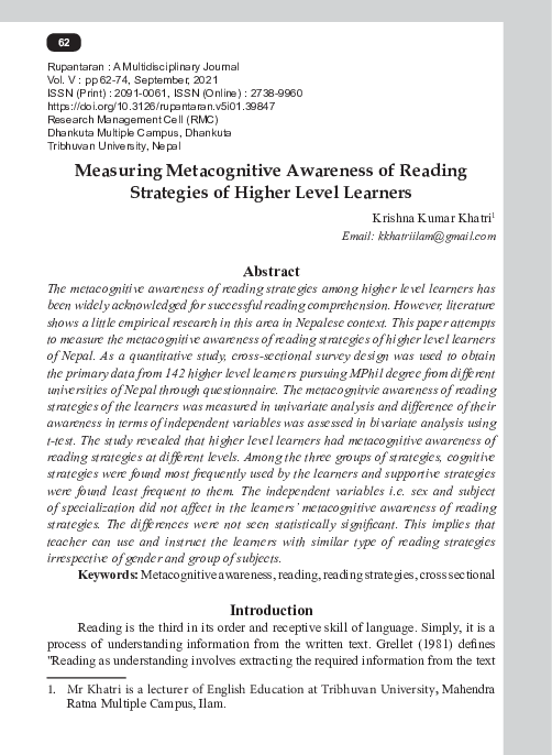 (PDF) Measuring Metacognitive Awareness of Reading Strategies of Higher ...