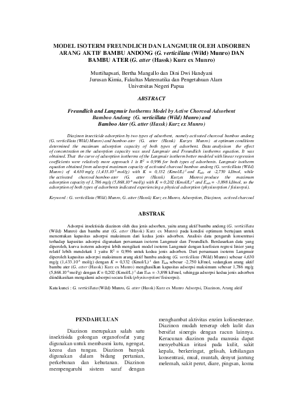 (PDF) MODEL ISOTERM FREUNDLICH DAN LANGMUIR OLEH ADSORBEN ARANG AKTIF ...
