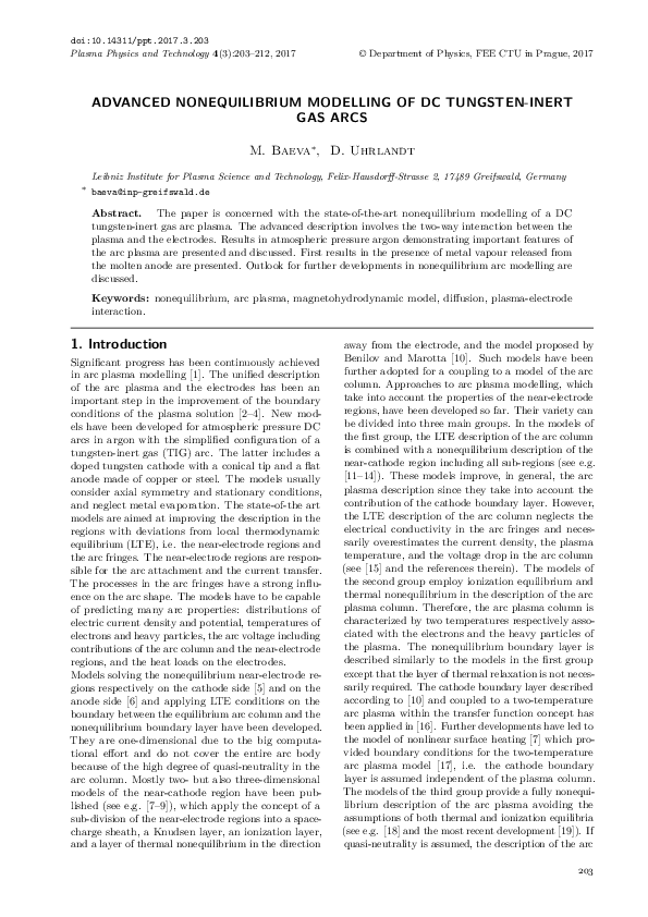 (PDF) Advanced Nonequilibrium Modelling of DC Tungsten-Inert Gas Arcs