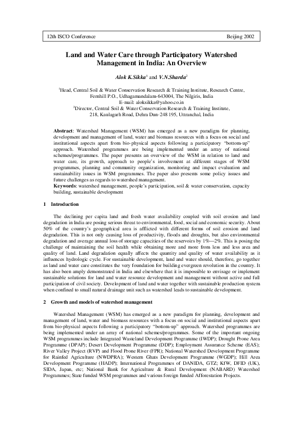 (PDF) Land and Water Care through Participatory Watershed Management in ...