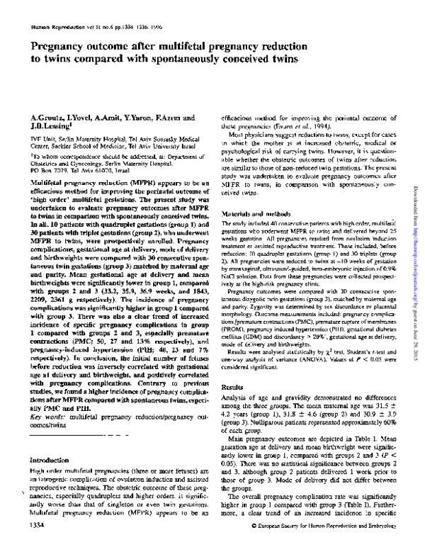 (PDF) Pregnancy outcome after multifetal pregnancy reduction to twins ...