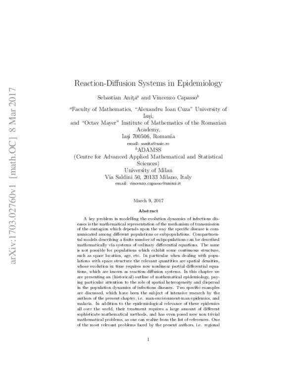 (PDF) Reaction-Diffusion Systems in Epidemiology