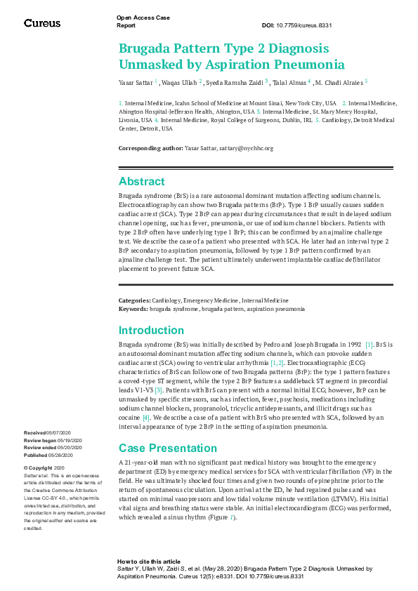 (PDF) Brugada Pattern Type 2 Diagnosis Unmasked by Aspiration Pneumonia