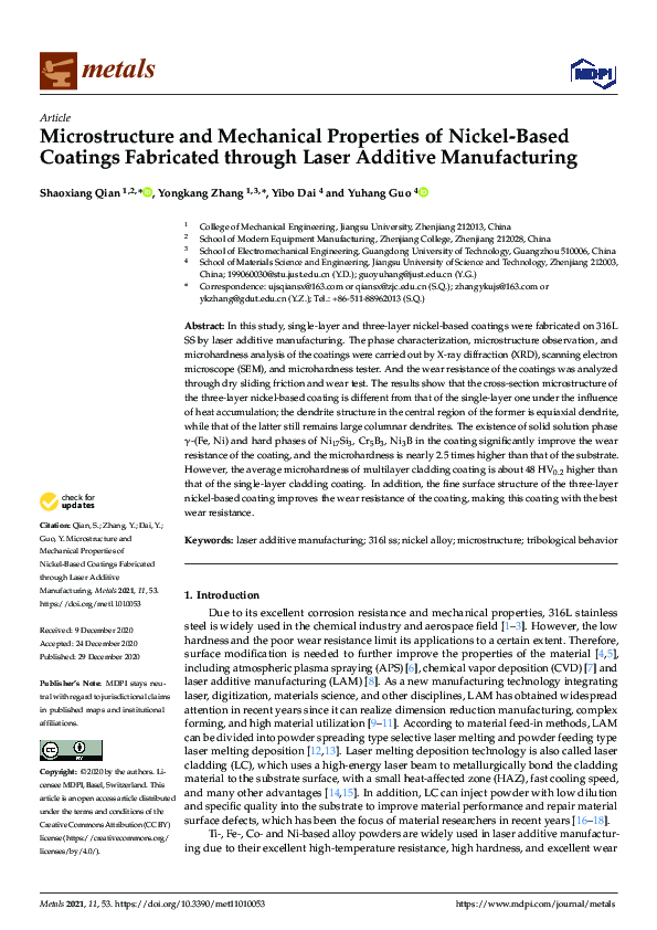 (PDF) Microstructure and Mechanical Properties of Nickel-Based Coatings Fabricated through Laser ...