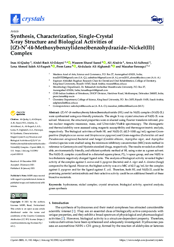 (PDF) Synthesis, Characterization, Single-Crystal X-ray Structure and ...