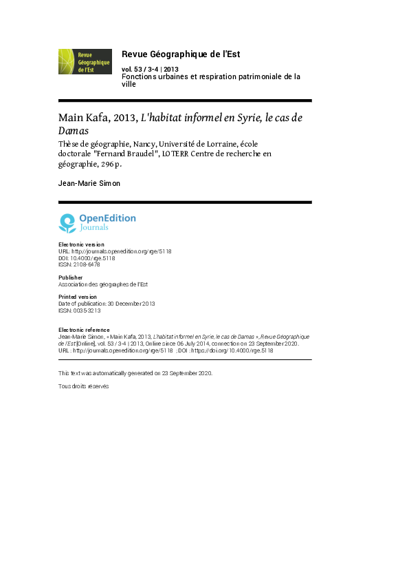 (PDF) Main Kafa, 2013, L'habitat informel en Syrie, le cas de Damas ...