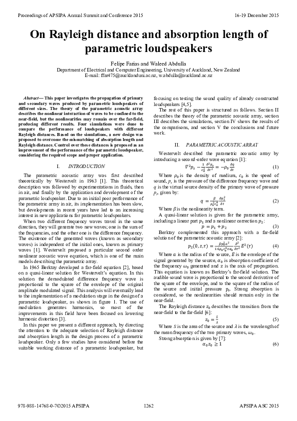 (PDF) On Rayleigh distance and absorption length of parametric loudspeakers