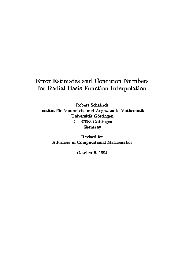 Pdf Error Estimates And Condition Numbers For Radial Basis Function