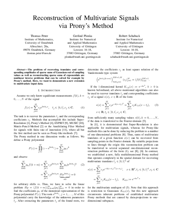 (PDF) Reconstruction of Multivariate Signals via Prony’s Method