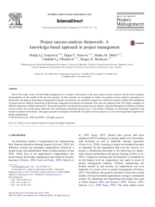 (PDF) Project success analysis framework: A knowledge-based approach in project management
