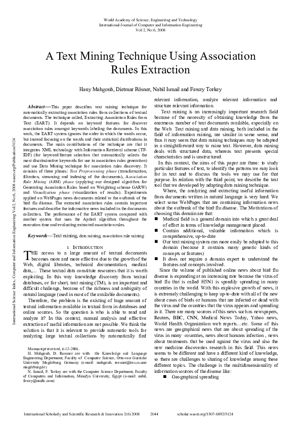 Pdf A Text Mining Technique Using Association Rules Extraction