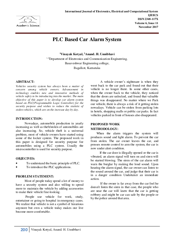 (PDF) PLC Based Car Alarm System 1