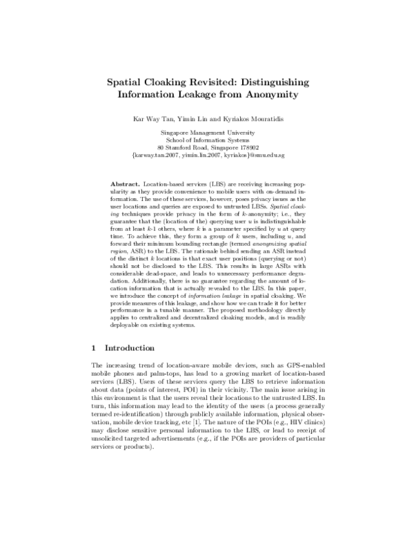 (PDF) Spatial cloaking revisited: Distinguishing information leakage from anonymity