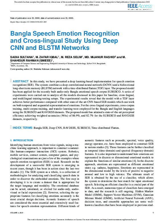 Pdf Bangla Speech Emotion Recognition And Cross Lingual Study Using