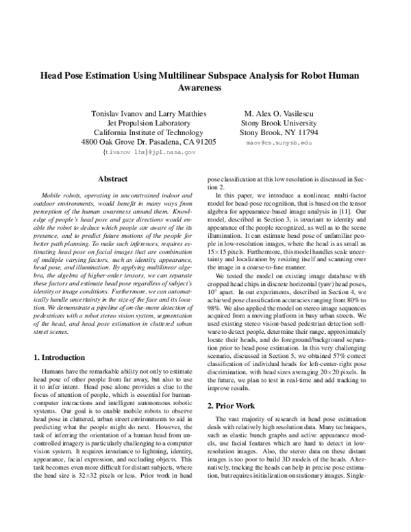 (PDF) Head pose estimation using multilinear subspace analysis for robot human awareness