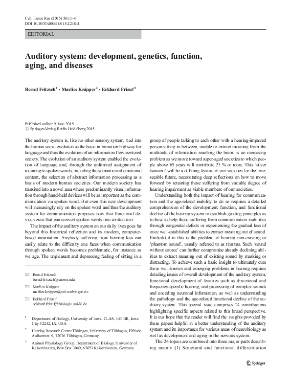(PDF) Auditory system: development, genetics, function, aging, and diseases