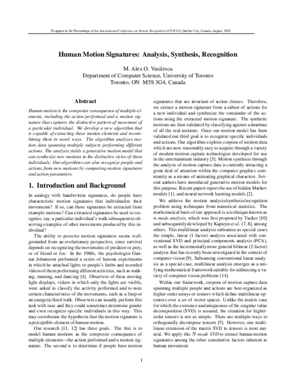 (PDF) Human Motion Signatures: Analysis, Synthesis, Recognition