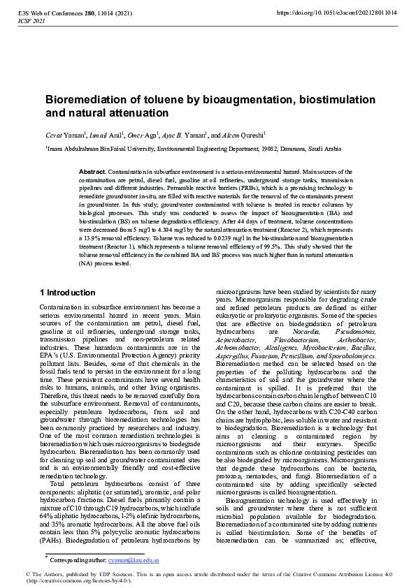 (PDF) Bioremediation of toluene by bioaugmentation, biostimulation and ...