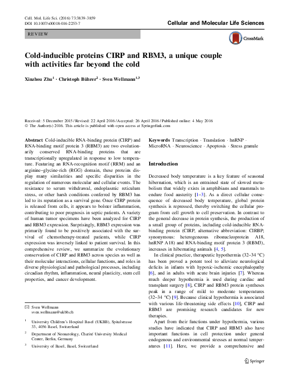 (PDF) Cold-inducible proteins CIRP and RBM3, a unique couple with ...