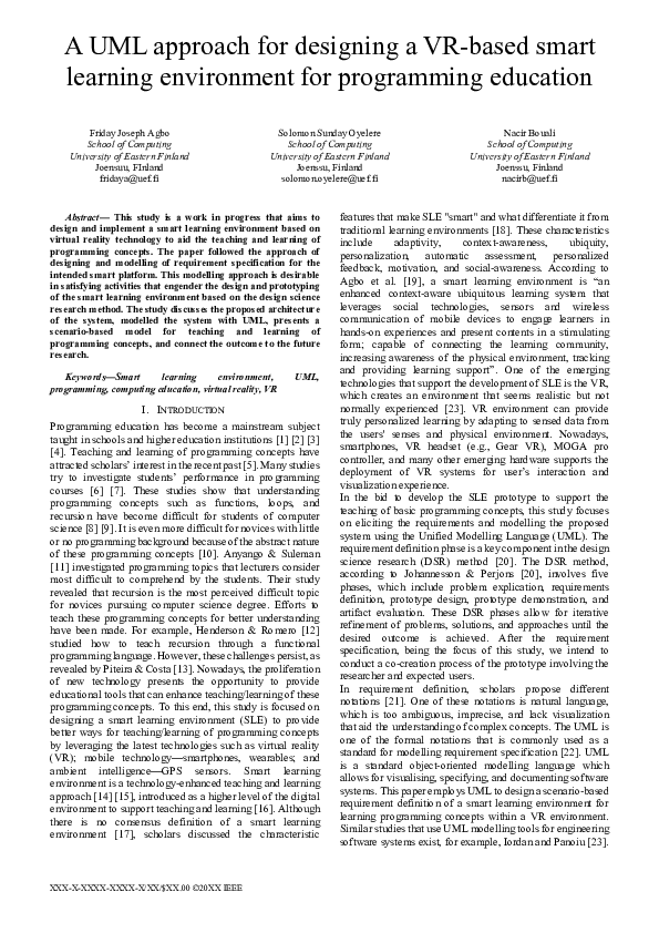 (PDF) A UML approach for designing a VR-based smart learning environment for programming education