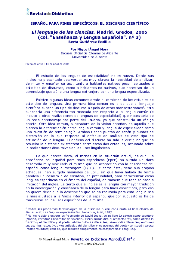 (PDF) El lenguaje de las ciencias. Madrid, Gredos, 2005 (col. "Enseñanza y Lengua Española", nº 3