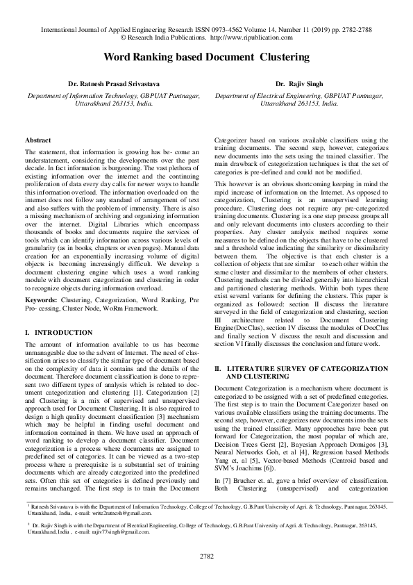 (PDF) Word Ranking based Document Clustering
