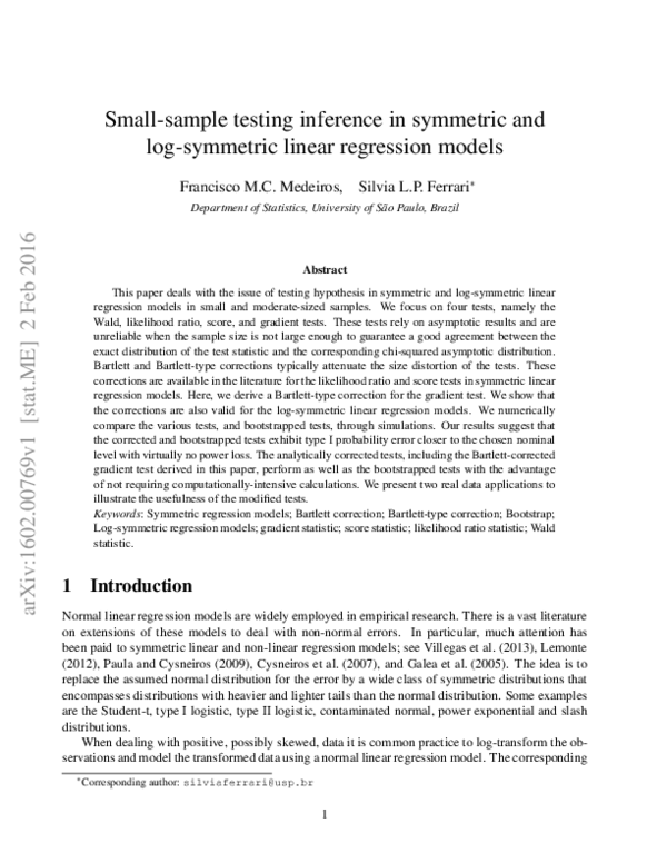 Pdf Small Sample Testing Inference In Symmetric And Log Symmetric Linear Regression Models