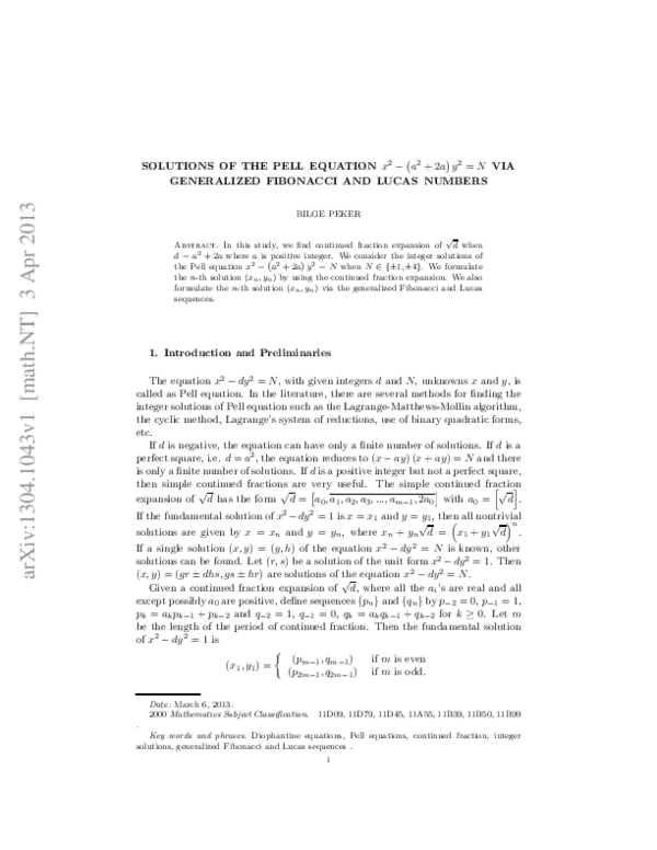 (PDF) Solutions of the Pell Equation x(2) - (a(2)+2a) y(2) = N via ...