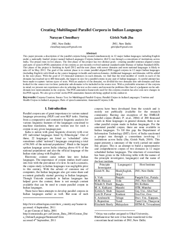 (PDF) Creating Multilingual Parallel Corpora in Indian Languages