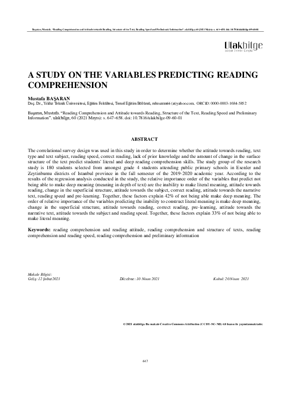 (PDF) A Study on the Variables Predicting Reading Comprehension