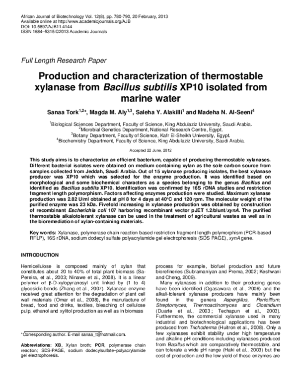 (PDF) Production and characterization of thermostable xylanase from Bacillus subtilis XP10 ...