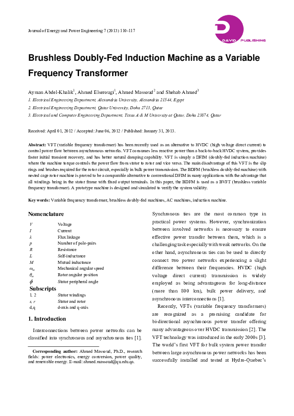 (PDF) Brushless doubly fed induction machine as a variable frequency ...