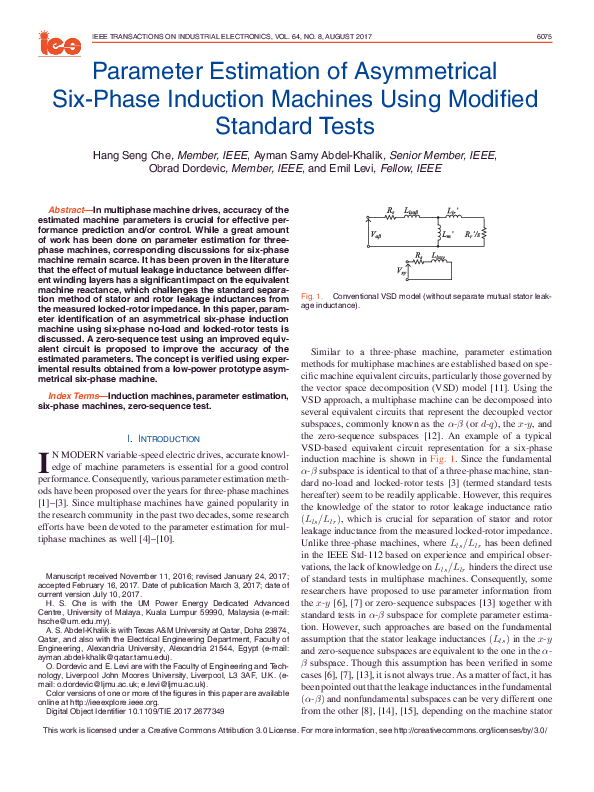 Pdf Parameter Estimation Of Asymmetrical Six Phase Induction Machines Using Modified Standard
