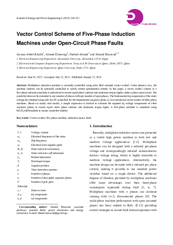 Pdf Vector Control Scheme Of Five Phase Induction Machines Under Open Circuit Phase Faults