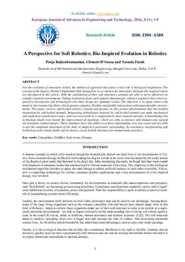 (PDF) A Perspective for Soft Robotics : Bio-Inspired Evolution in Robotics