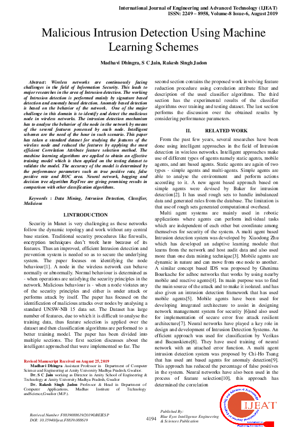 Pdf Malicious Intrusion Detection Using Machine Learning Schemes