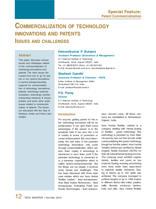 (PDF) CommerCialization of teChnology innovations and patents issues ...