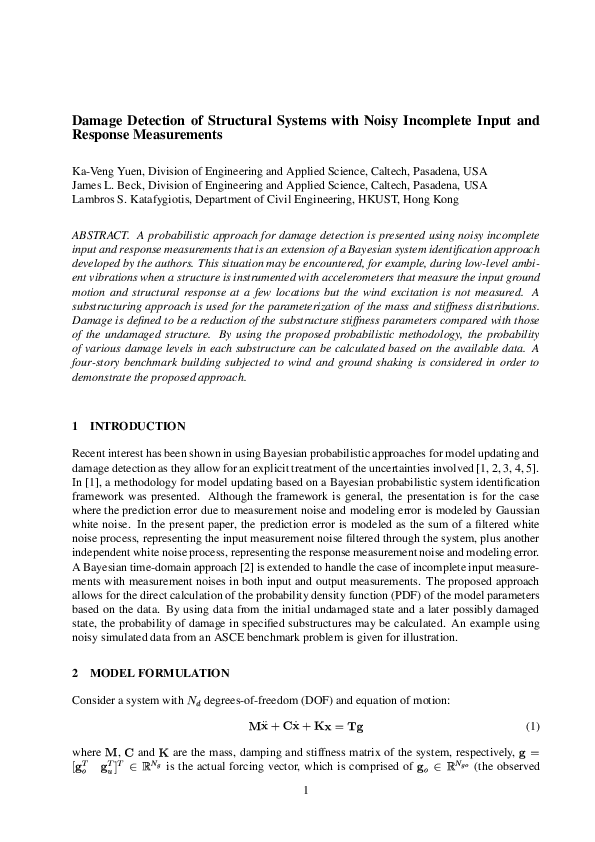 (PDF) Damage Detection of Structural Systems with Noisy Incomplete ...