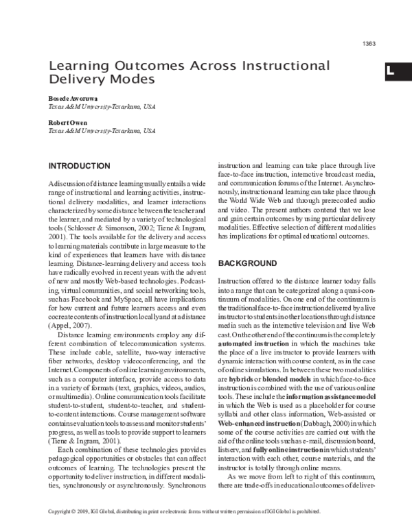 (PDF) Learning Outcomes across Instructional Delivery Modes