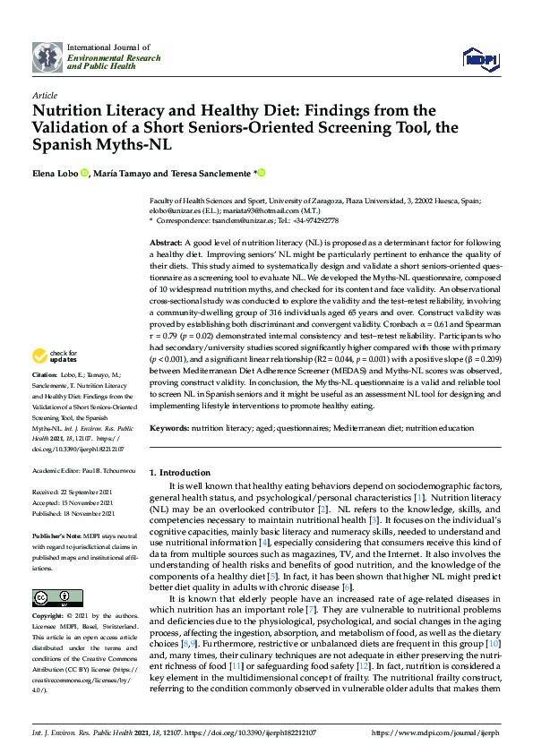 (PDF) Nutrition Literacy and Healthy Diet: Findings from the Validation ...