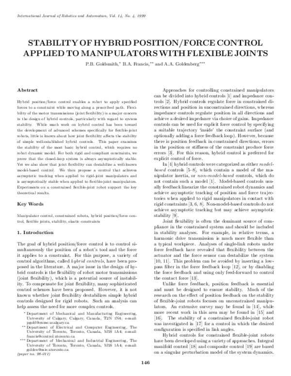 (PDF) Stability of Hybrid Position/force Control Applied to Manipulators With Flexible Joints