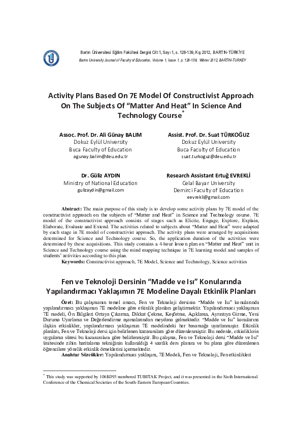 (PDF) Activity Plans Based on 7E Model of Constructivist Approach on the Subjects of "Matter and ...